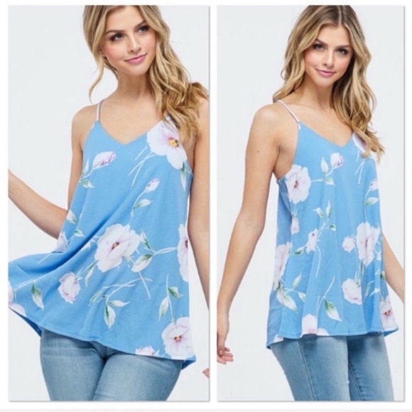 Tops | Blue Floral Flowy Tank Top | Poshmark